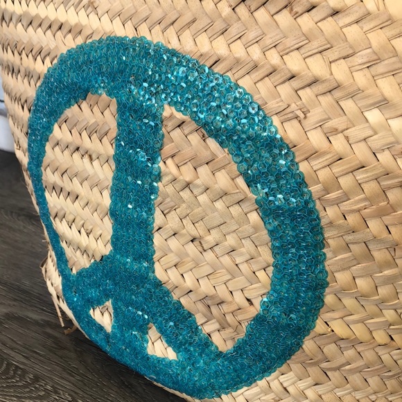 Bags | Peace Sign Turquoise Straw Beach Tote | Poshmark